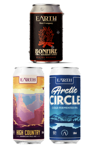 Earth Beer Bonfire Choc Bourbon Stout, High Country APA & Arctic Circle ...